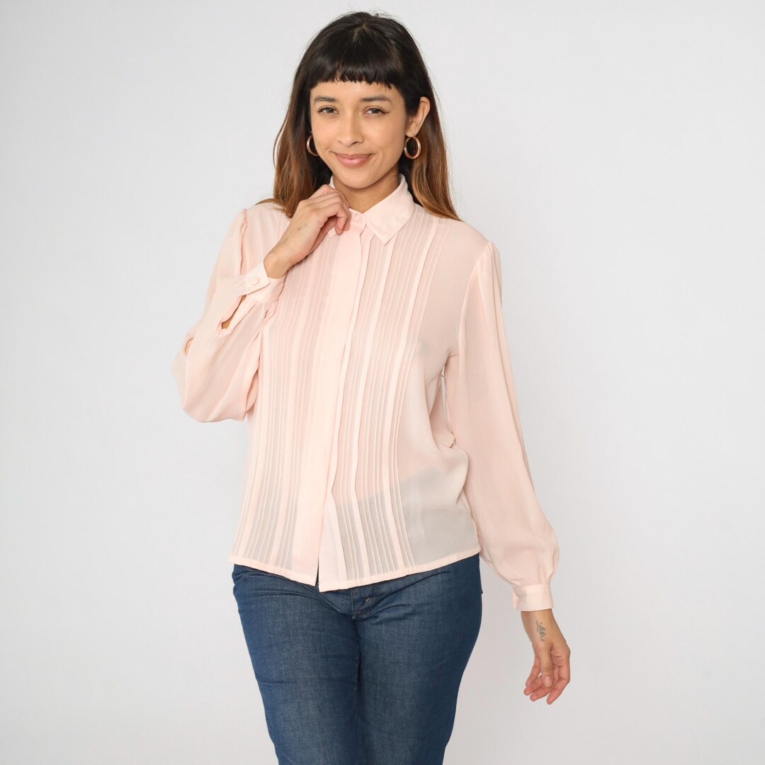 90s Pink Pleated Blouse Long Puff Sleeve Top Semi-sheer 90s Pink Pleated Blouse Long Puff Sleeve Top Semi-sheer