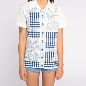 Button up Shirt White Floral Blouse 70s Checkered Hippie Boho - Etsy