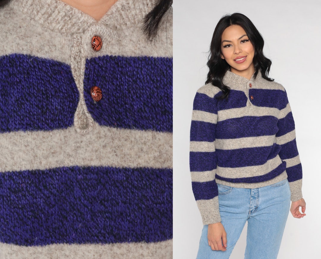 Purple Striped Sweater 90s Wool Blend Sweater Taupe Henley Sweater ...