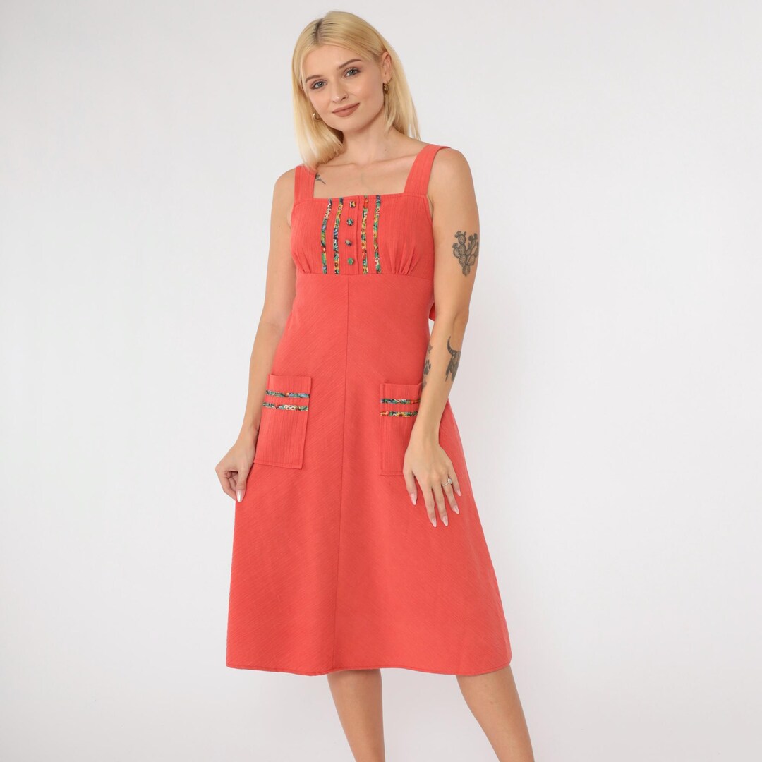 70s Floral Sun Dress Coral Boho Empire Waist Midi Dress Sundress Summer ...