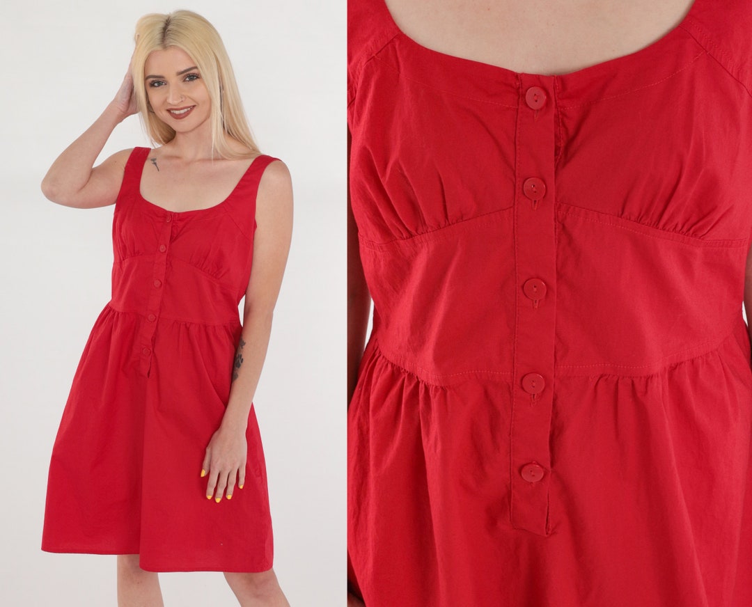 Red Mini Dress 90s Button up Day Dress Retro Sleeveless Empire Waist ...