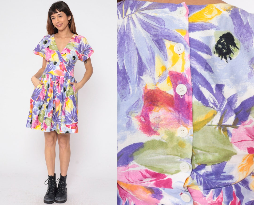 80s Tropical Floral Dress Mini Wrap Dress V Neck Vintage Cinched ...