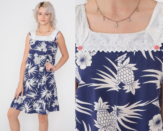 Hawaiian Sundress 80s Blue Tropical Mini Dress Pineap… - Gem