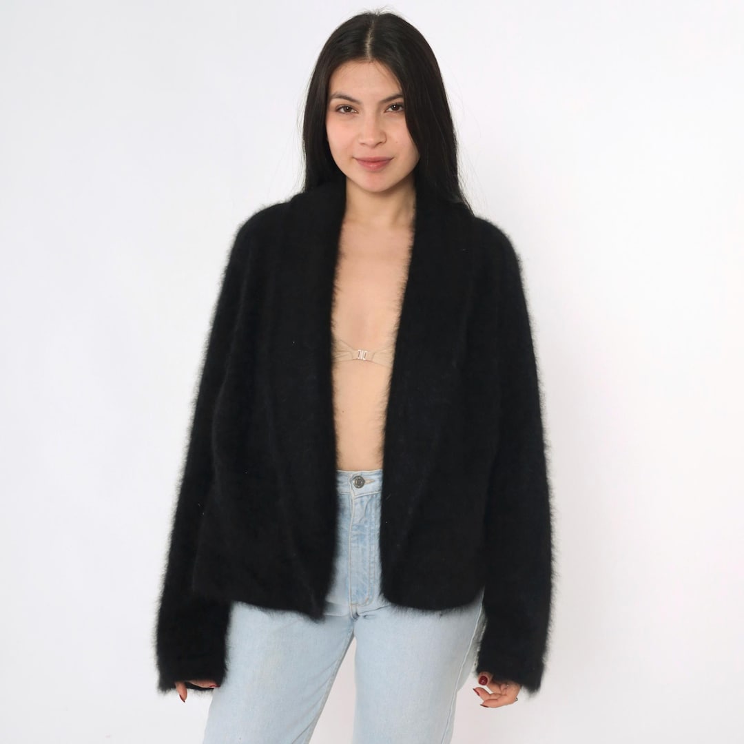 Vintage Black Angora Cardigan 80s Fuzzy Open Front Italy Made ...