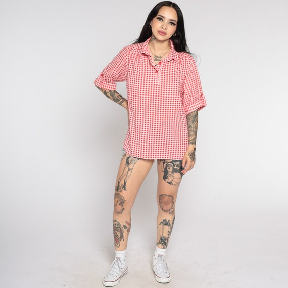 Gingham Tunic Top Red Checkered Shirt 80s Plaid Blous… - Gem