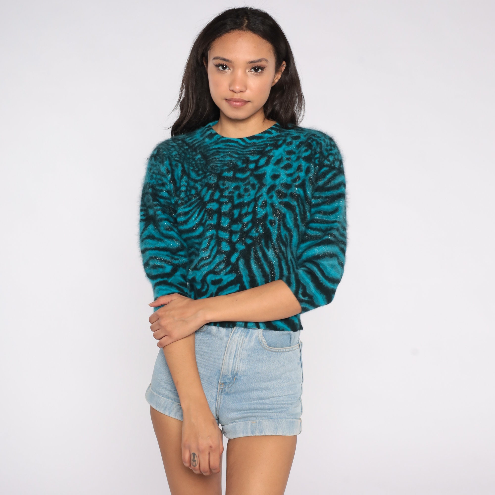 80s Angora Sweater Sparkly Blue Animal Print Knit Sweater - Etsy