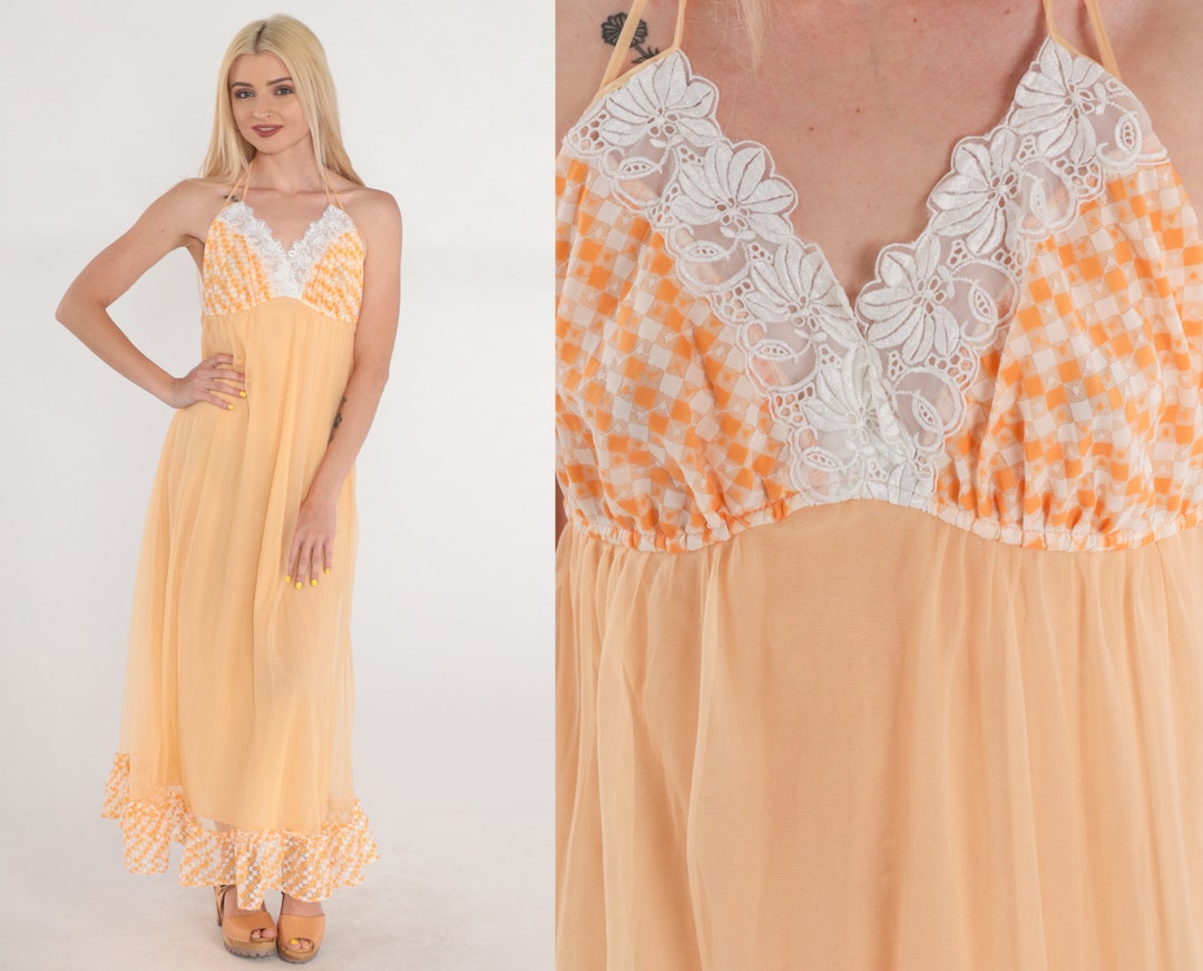 Orange Halter Dress 70s Lingerie Maxi Nightgown Floral Lace Trim Slip ...