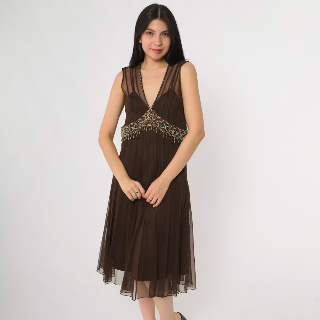 Y2K Bohemian Dress Hippie Brown Mesh Beaded Embellished Bodice Sheer ...