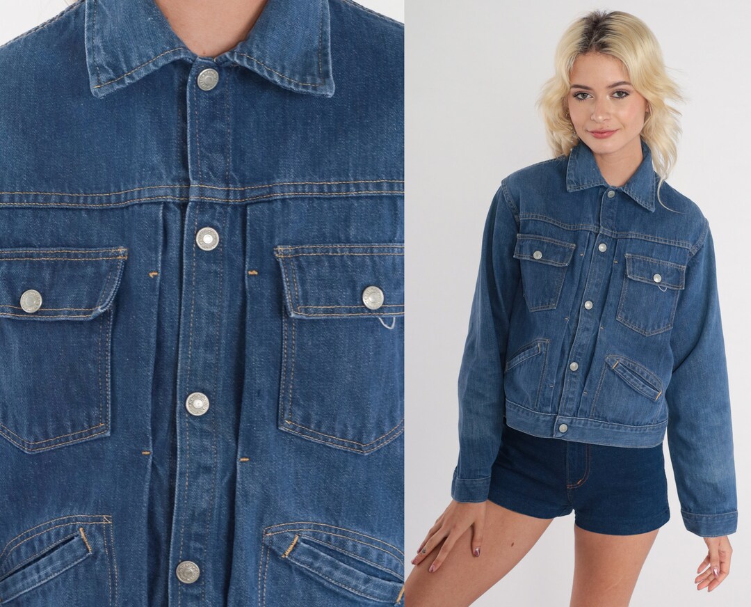 70s Denim Jacket Blue Jean Jacket Retro Biker Coat Cargo Chest Pocket ...