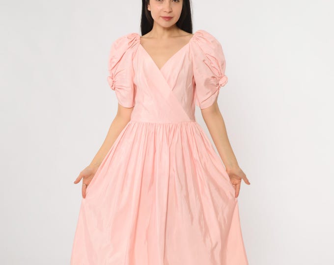 80s Prom Dress Pink Princess Puff Sleeve Midi Formal Dance Party ...