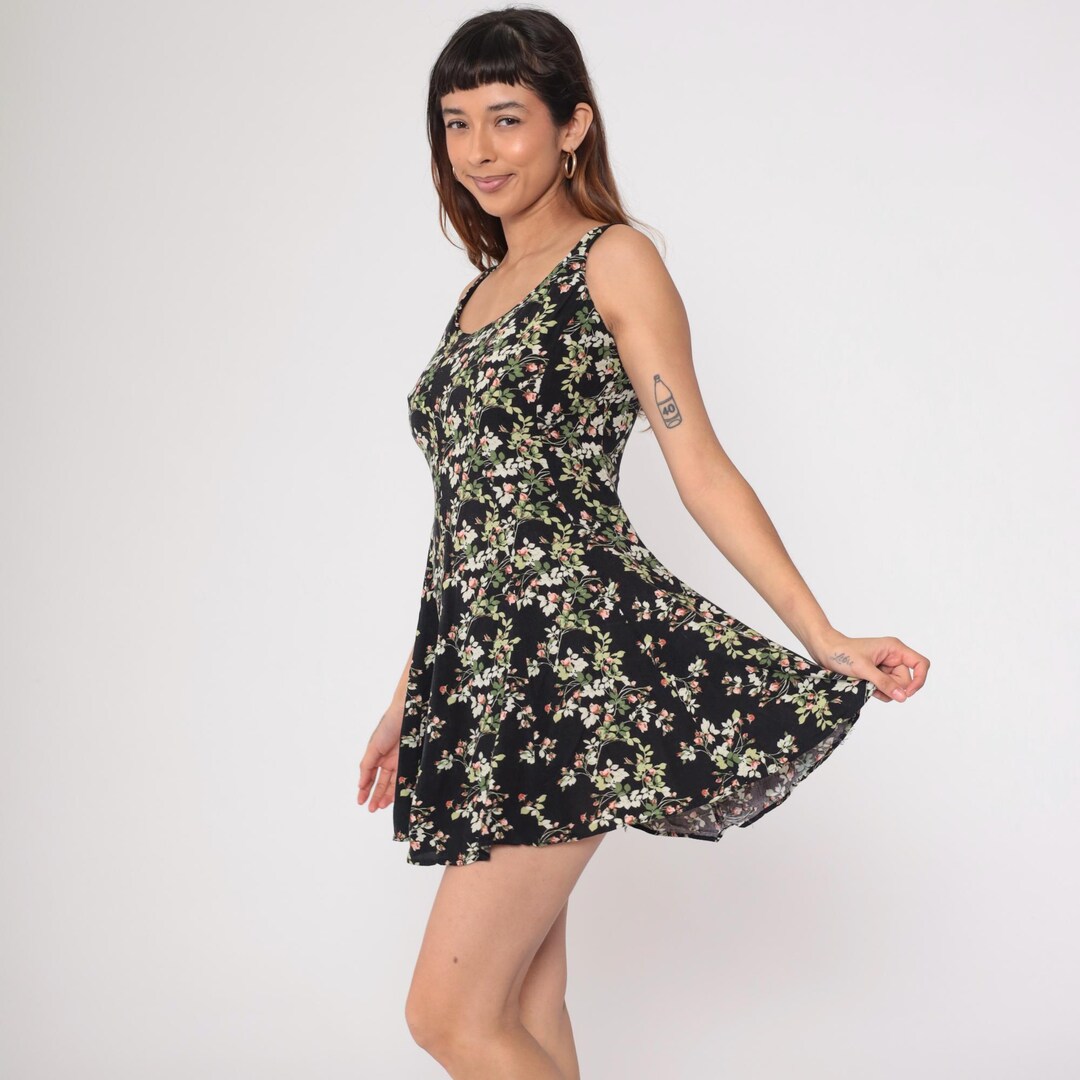 90s Floral Mini Dress Sleeveless A-line Day Dress Fit Flare Black ...