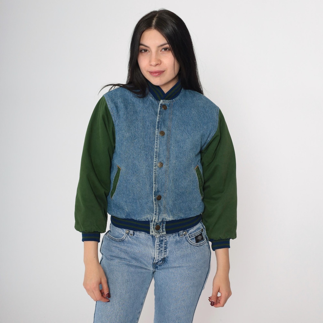 Y2K Denim Bomber Jacket Snap up Varsity Jacket Blue Denim Green Color ...