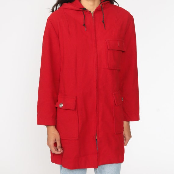 Red Wool Coat 80s HOODED Jacket Zip Up Hood Jacket Vi… - Gem