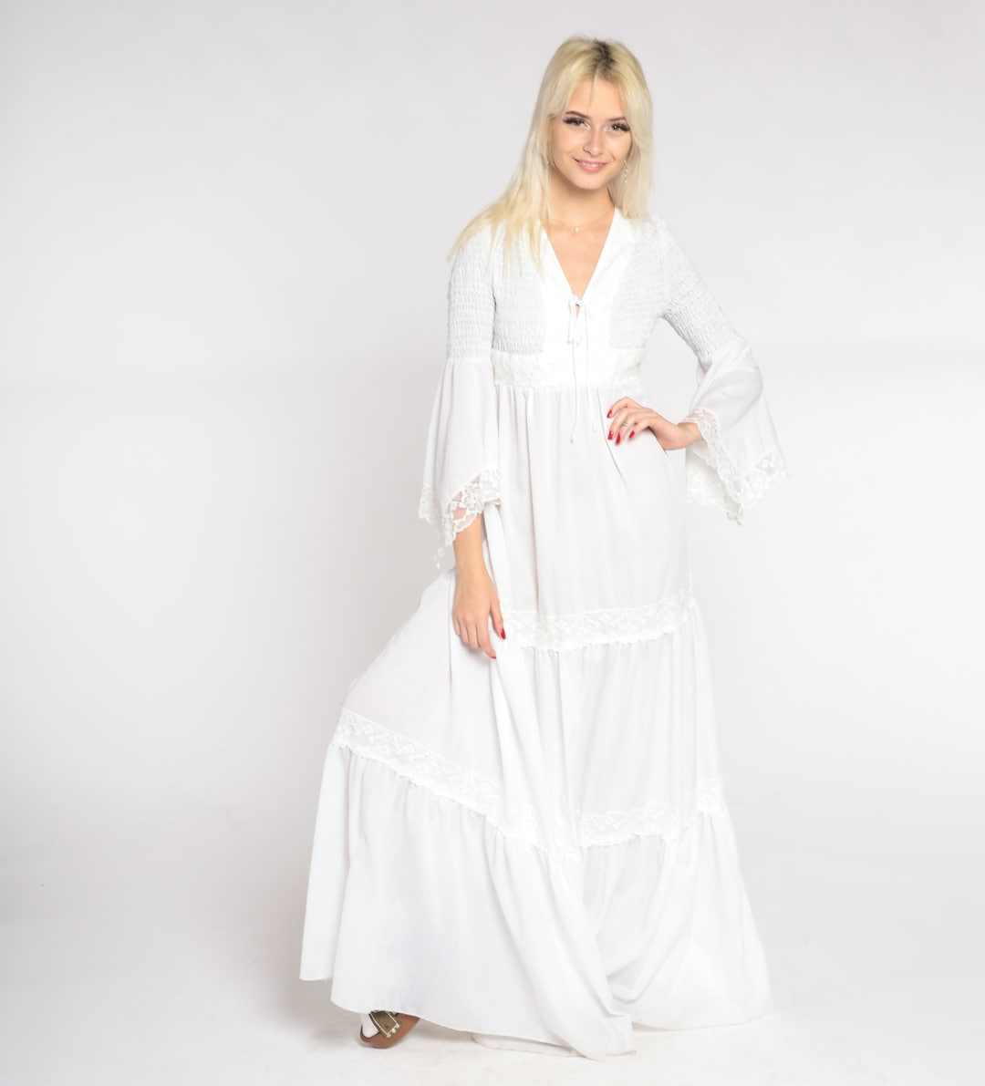 70s White Maxi Dress Angel Bell Sleeve V Neck Empire Waist Smocked ...