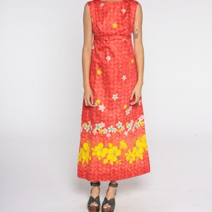 Floral Hawaiian Dress 70s Red Maxi Dress 60s Hippie Empire Waist Tropical 1970s Bohemian ...