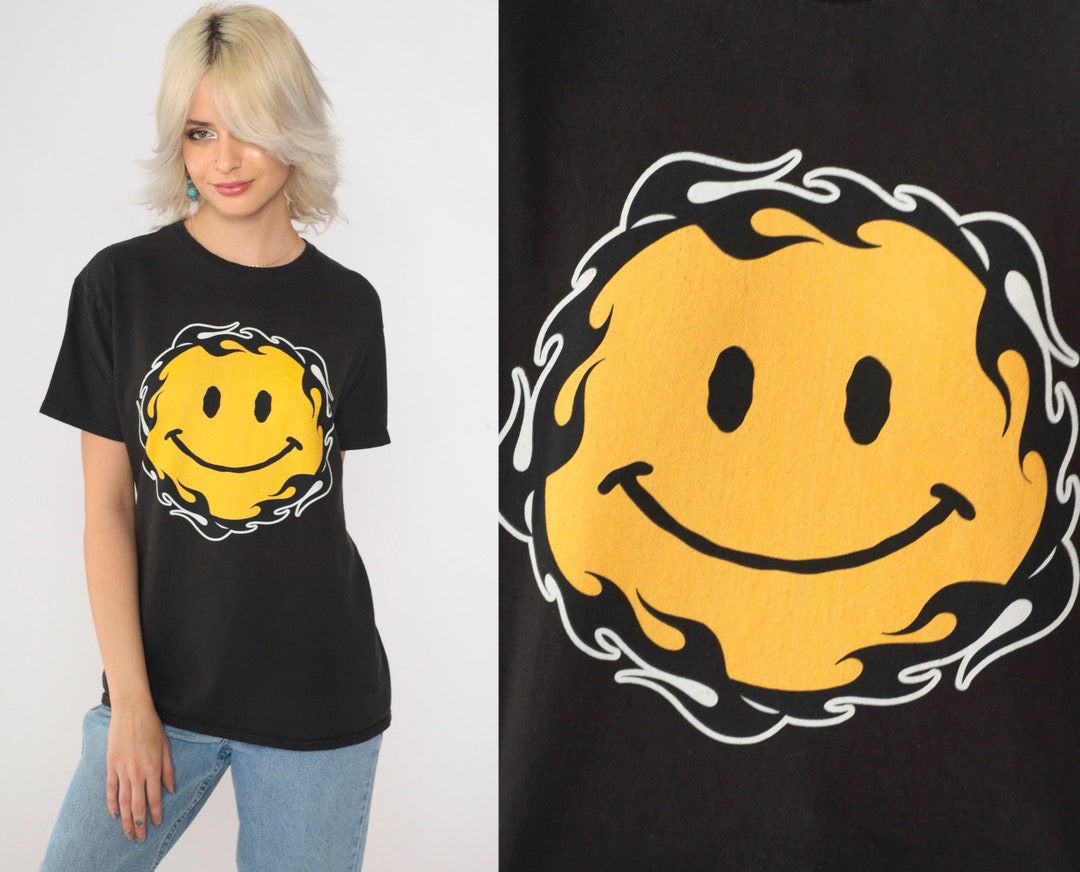 00s Smiley Face Flame T-shirt Vintage Black Graphic Tee 2000s Happy ...