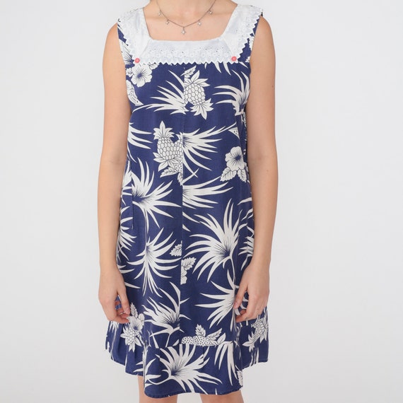 Hawaiian Sundress 80s Blue Tropical Mini Dress Pineap… - Gem