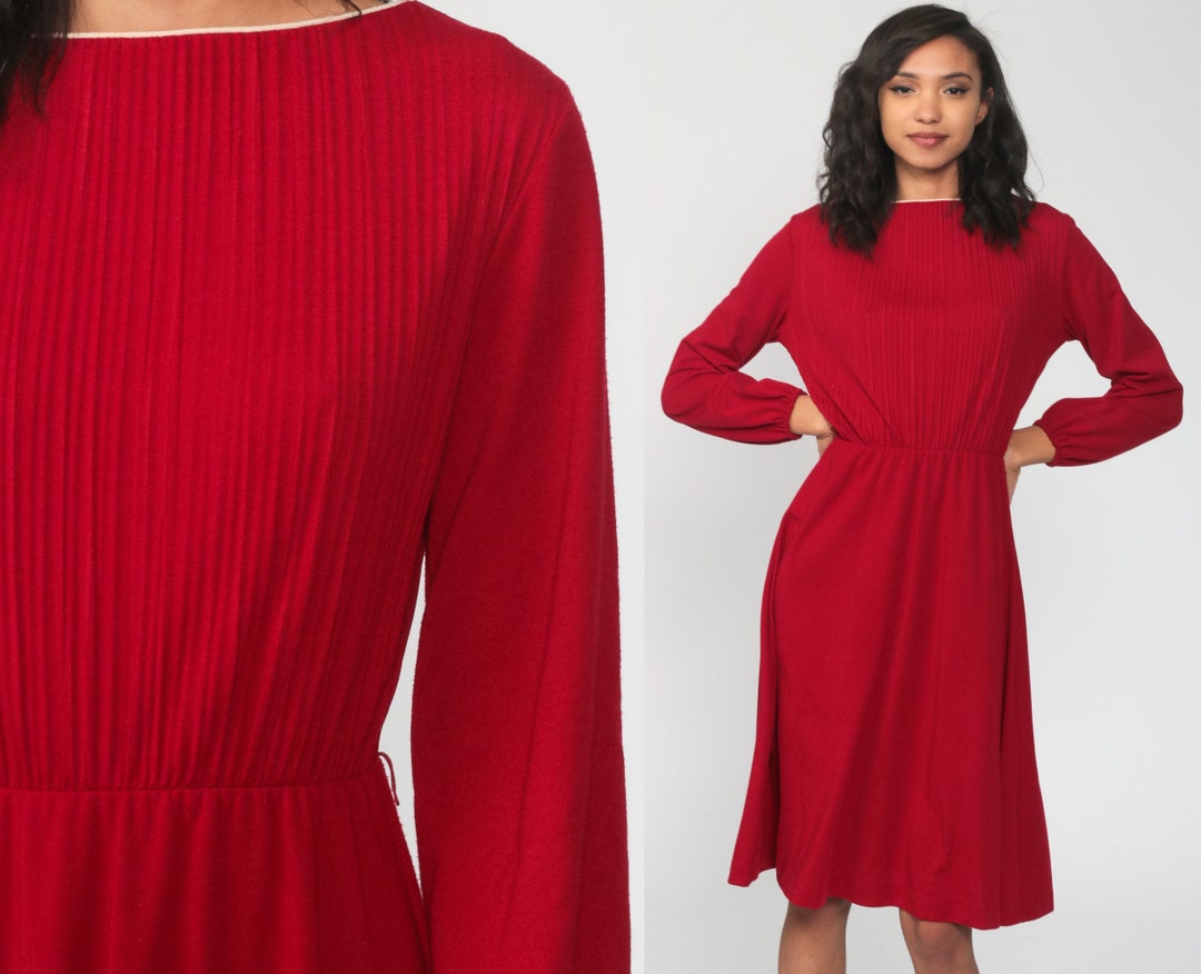 Plain Red Dress 70s Midi Day Dress Knife Pleated High Waisted 80s ...