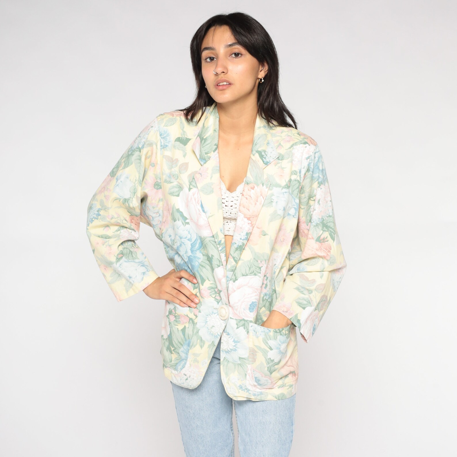 90s Floral Blazer Boho Summer Jacket Deep V Button up Lightweight ...