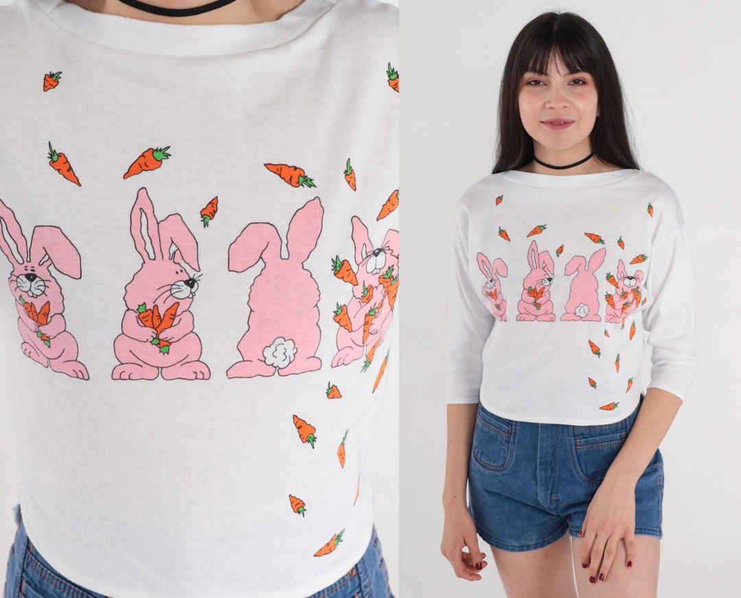Cartoon Bunny Shirt 80s Rabbit T-shirt Bunnies Carrots Graphic Tee Cute ...