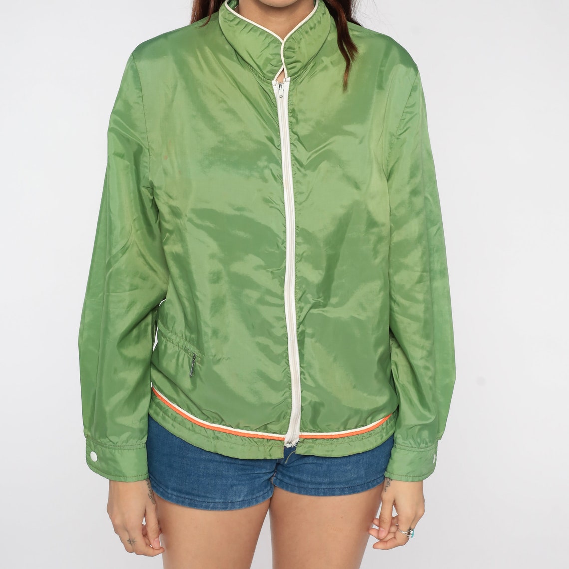 Green Windbreaker Jacket -- 70s Jacket Nylon Zip up Plain Retro Jacket ...