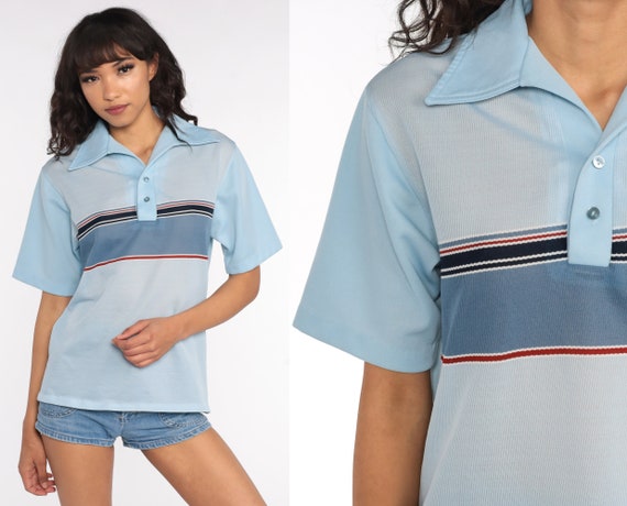 Striped Polo Shirt 70s Shirt Dagger Collar Half Button up | Etsy