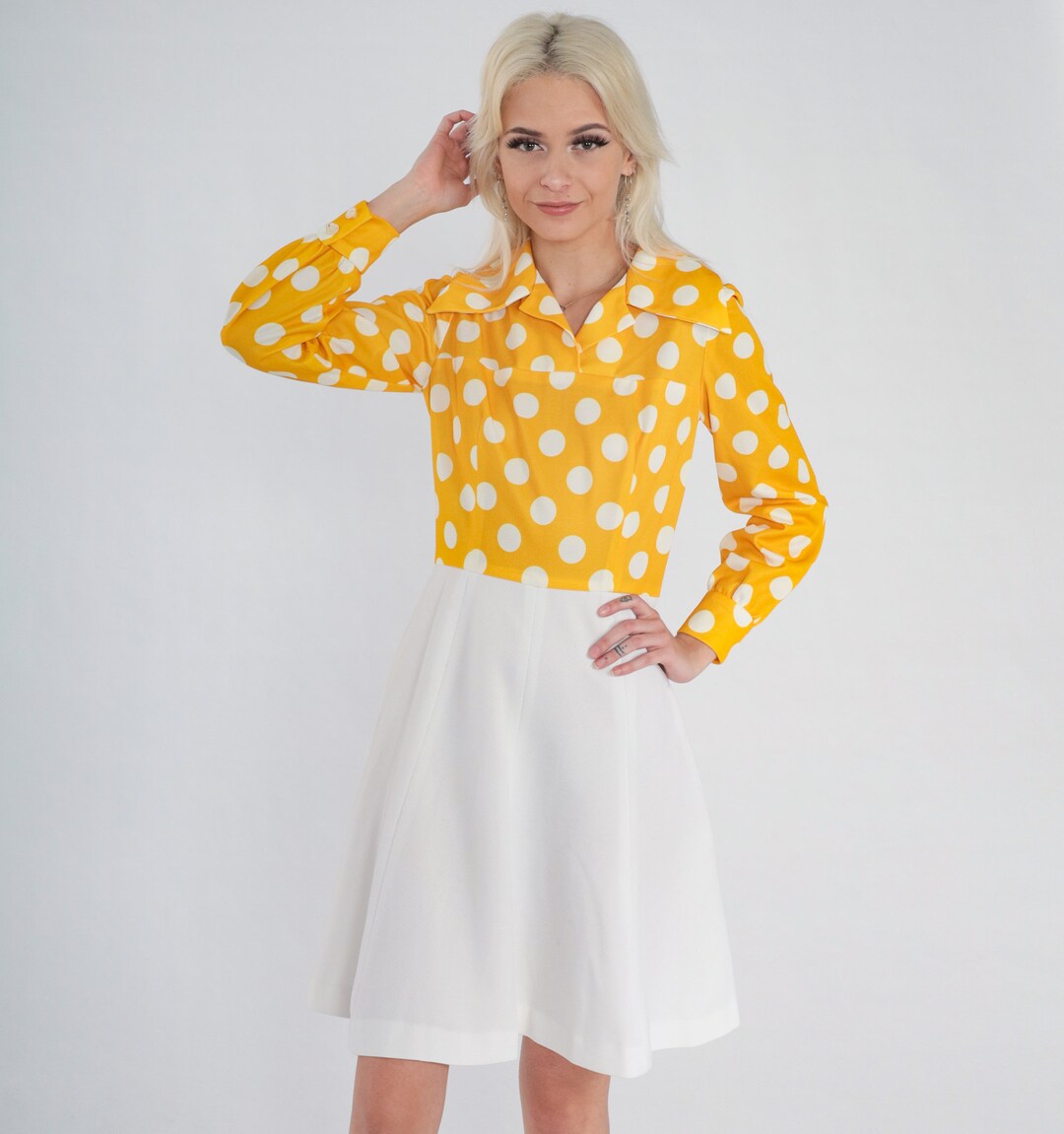 70s Mod Dress Polka Dot Mini Dress Yellow White Long Sleeve High ...