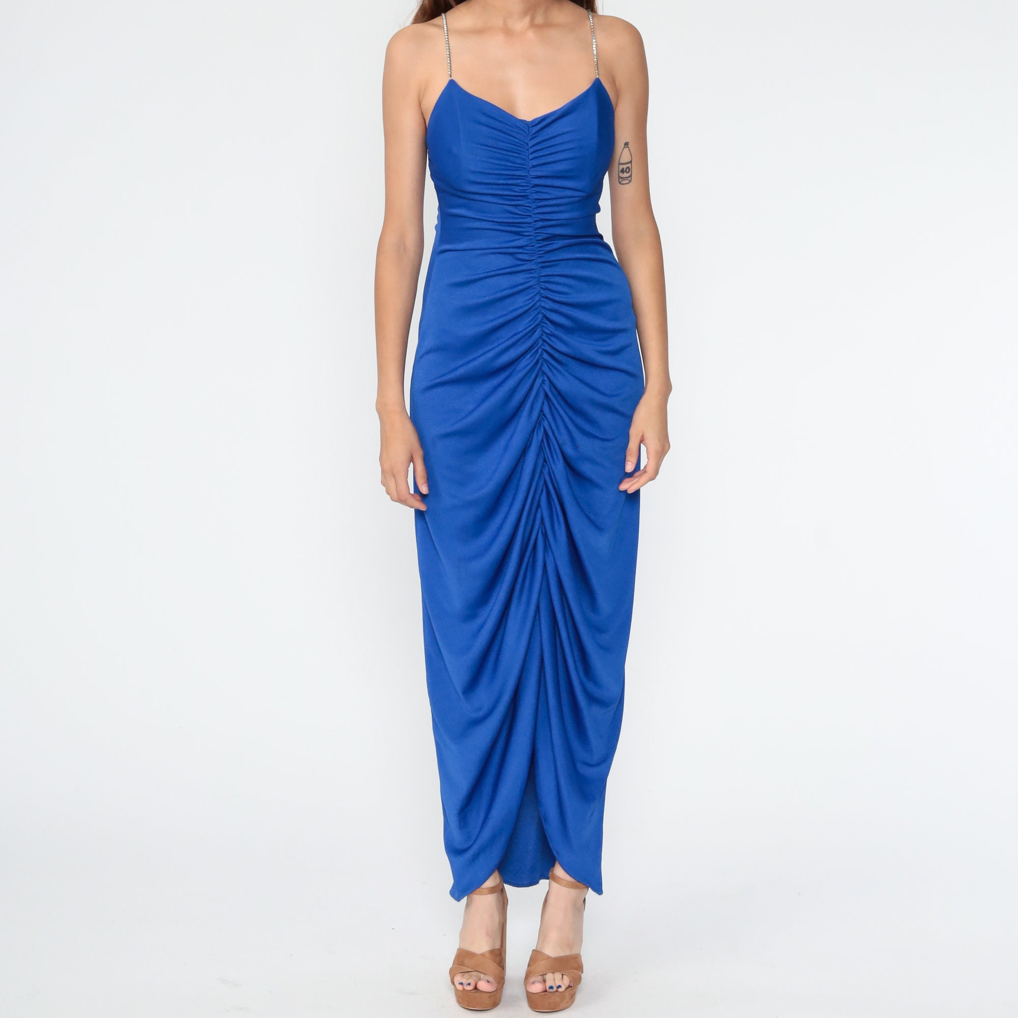 Blue Maxi Dress 90s Party RHINESTONE Strap Dress Grecian Ruched Dress