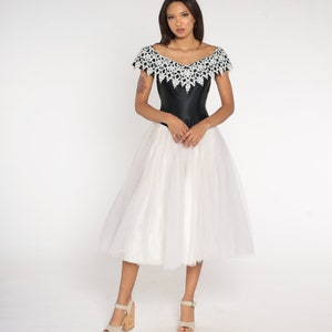 80s Party Dress Black White Lace off Shoulder Basque Waist Tulle Full ...