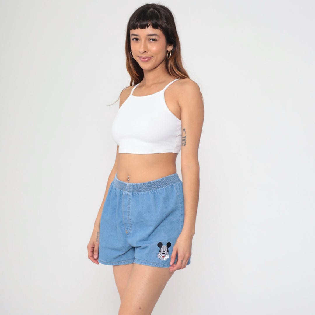 Vintage 90s Mickey Mouse Denim Shorts Elastic Waist Relaxed Fit Light ...
