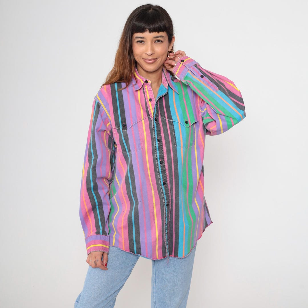 Rainbow Striped Shirt 90s Wrangler Western Button up Colorful Vertical ...