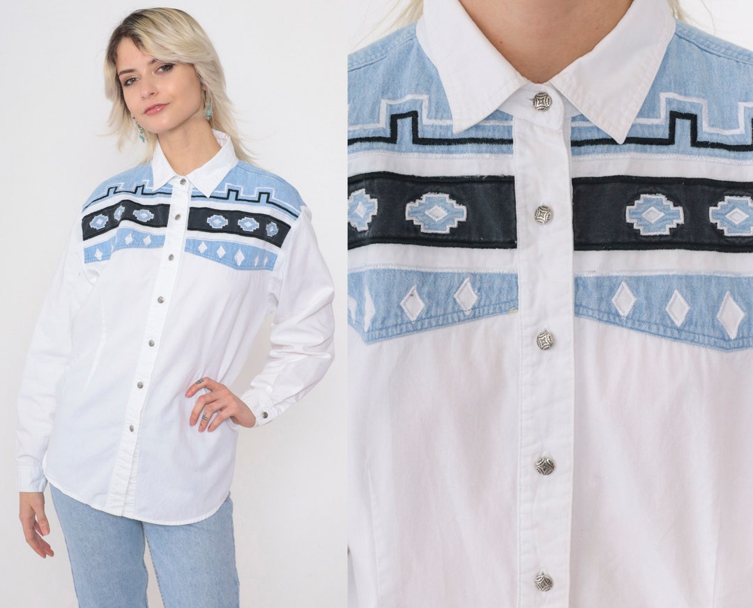 90s Southwestern Shirt White Button up Collared Western Blouse Retro ...