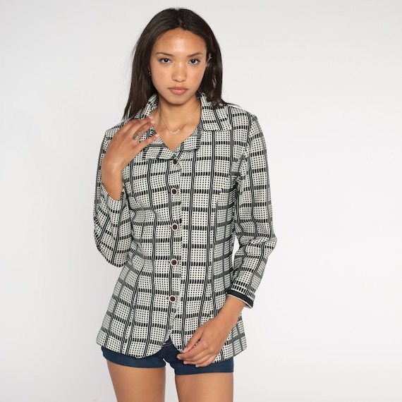 70s Checkered Shirt Black White Button Up Striped Pri… - Gem