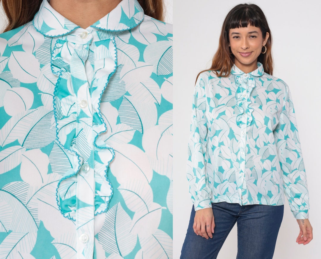70s Ruffle Blouse 70s Leaf Print TUXEDO Button up Top Peter Pan Collar ...
