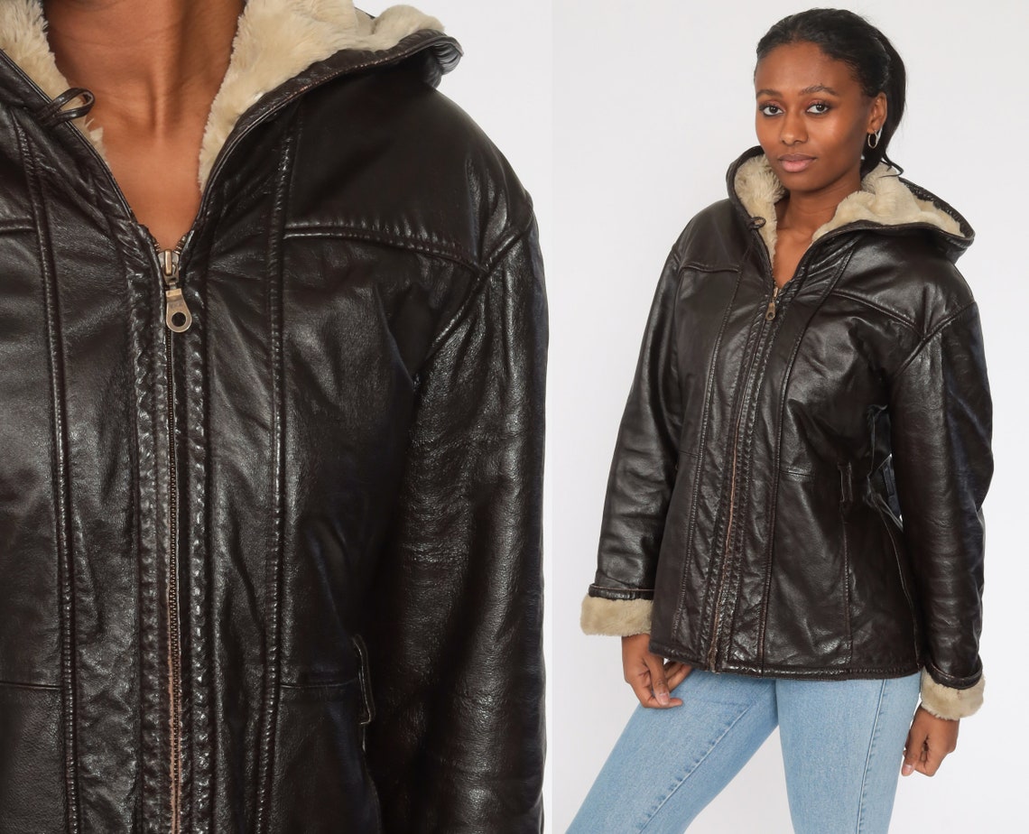 Hooded Leather Jacket 90s Hood Coat Brown 1990s Wilsons - Etsy