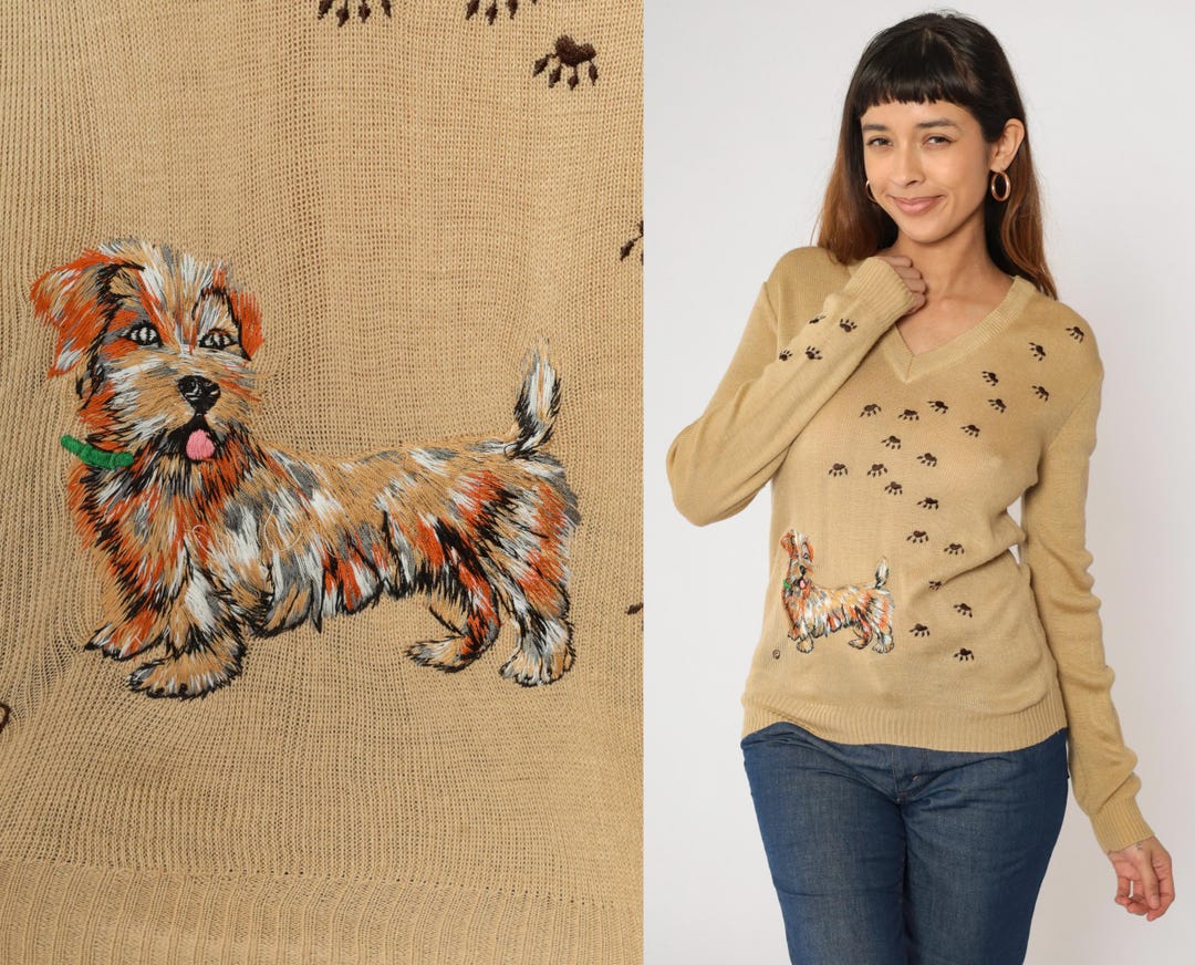 70s Dog Sweater Vintage Tan V Neck Paw Print Embroidered Animal Sweater ...