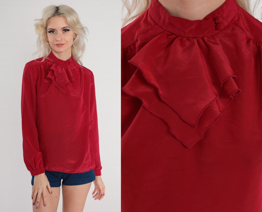 Red Ruffle Blouse 70s 80s Jabot Collar Shirt High Neck Top Retro Long ...