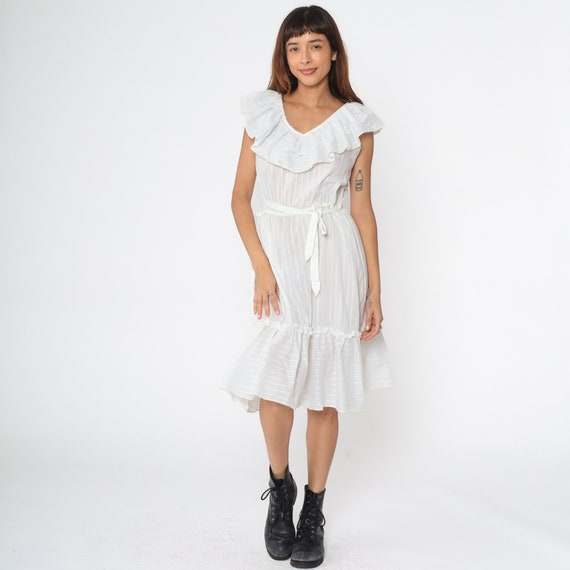80s Prairie Dress White Sheer Ruffle Stripe Tie Waist… - Gem