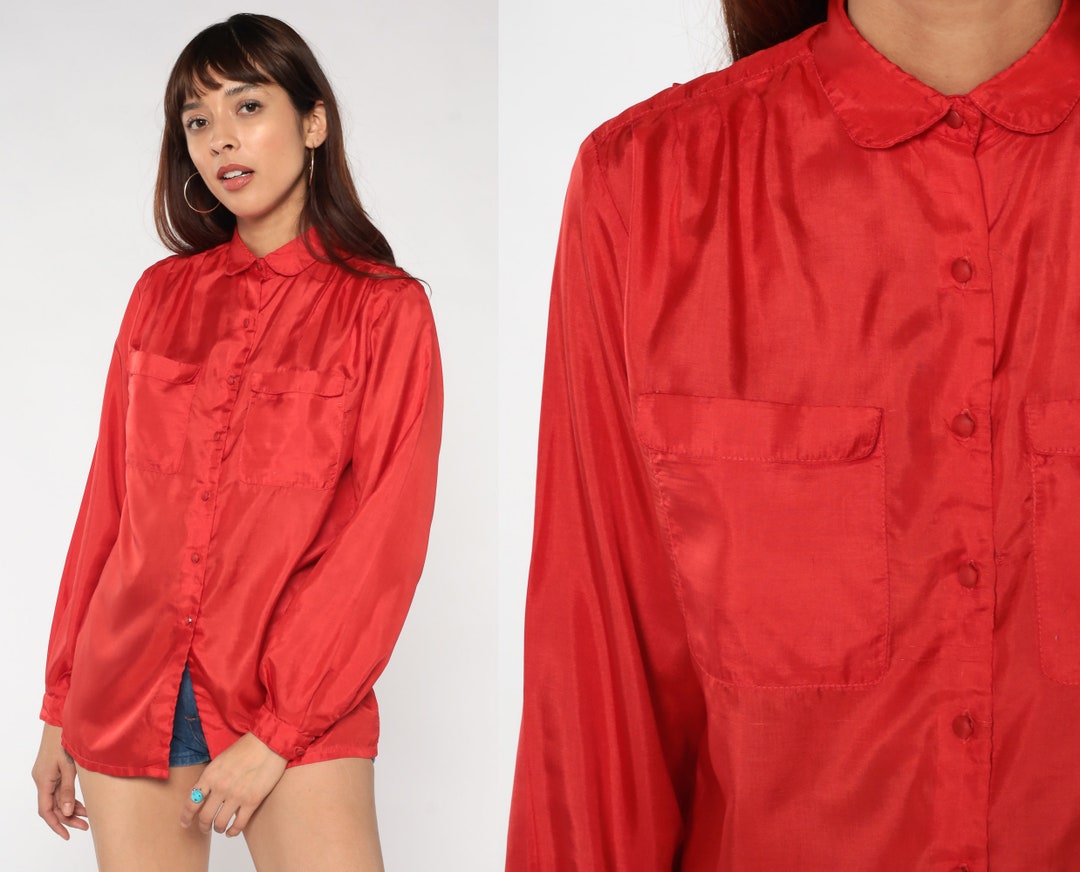 Red Button up Blouse 80s Collared Shirt Retro Boho Plain Simple ...