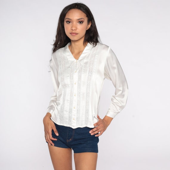 Victorian Blouse White Lace Satin Shirt 80s Boho Top … Gem