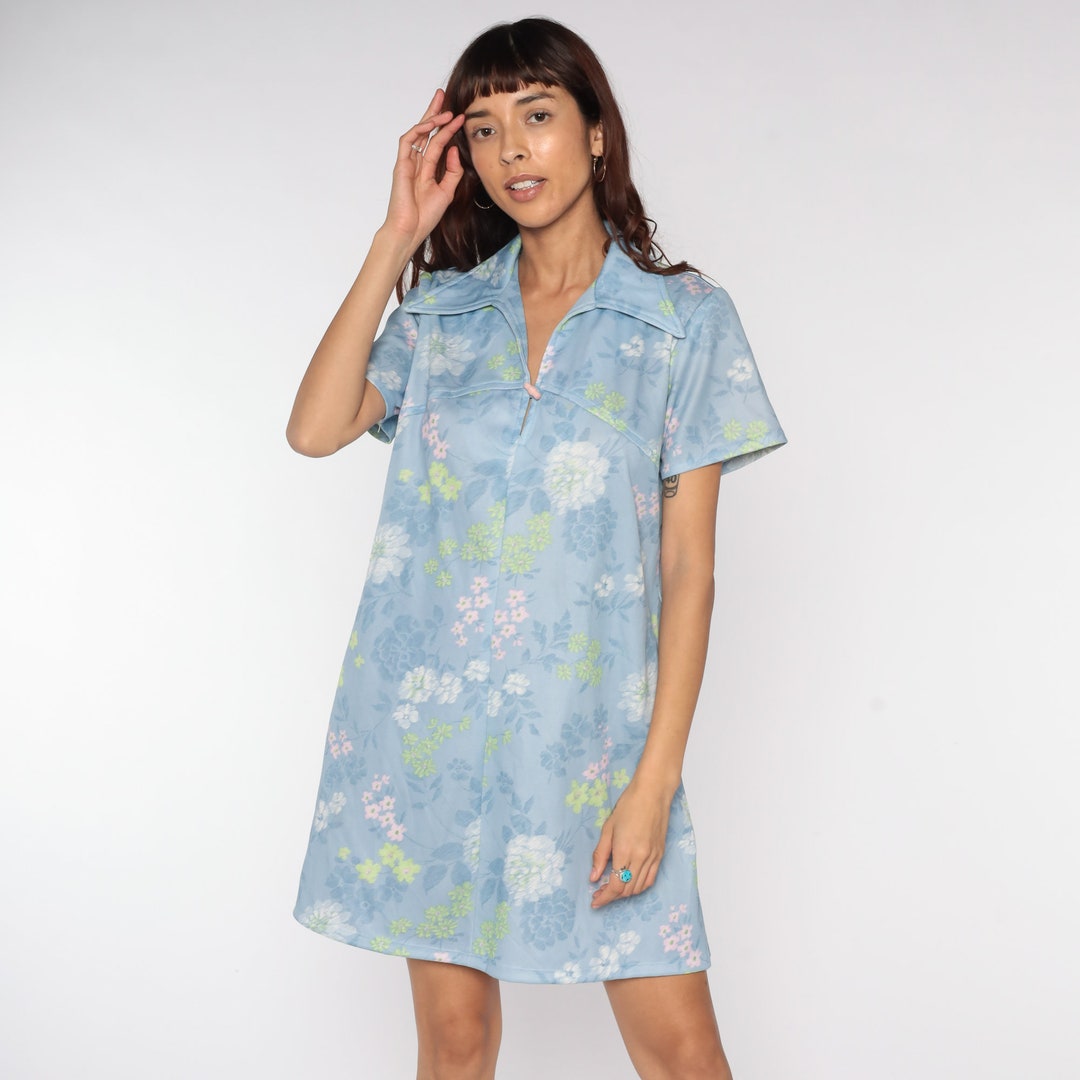 70s Mini Dress Blue Floral Shift Dress 60s Mod Mini Print Hippie ...