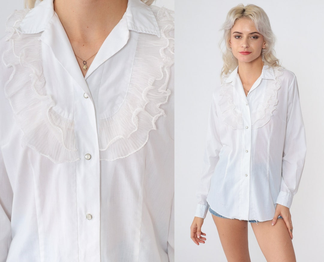 White Ruffle Blouse 70s Tuxedo Shirt Snap Button up Top Ruffled Lace ...