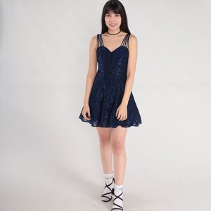 80s Party Dress Metallic Blue Mini Dress Sleeveless Strappy Fit and ...