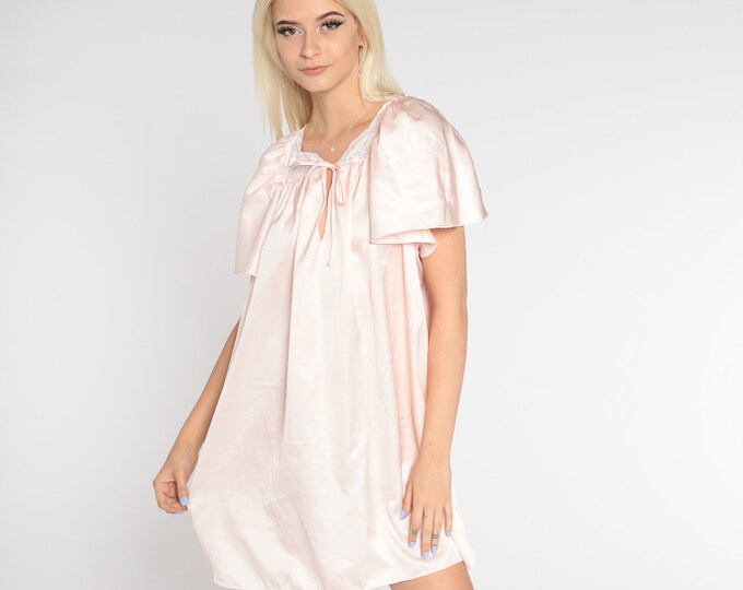 Pink Satin Nightgown 90s Lingerie Mini Dress Floral Lace Trim Tent ...