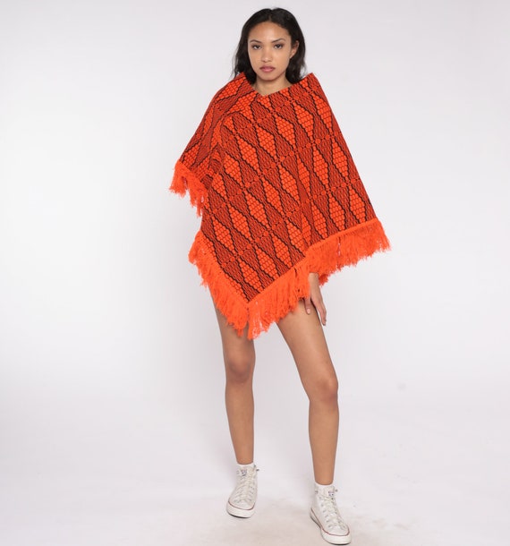 Embroidered Poncho 70s MEXICAN Poncho Neon Orange FRI… - Gem