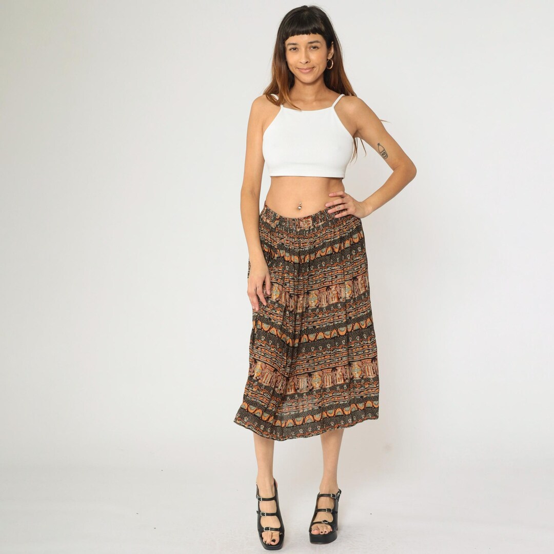 Vintage 90s Broomstick Skirt Black Orange Vase Print Textured Crinkle ...