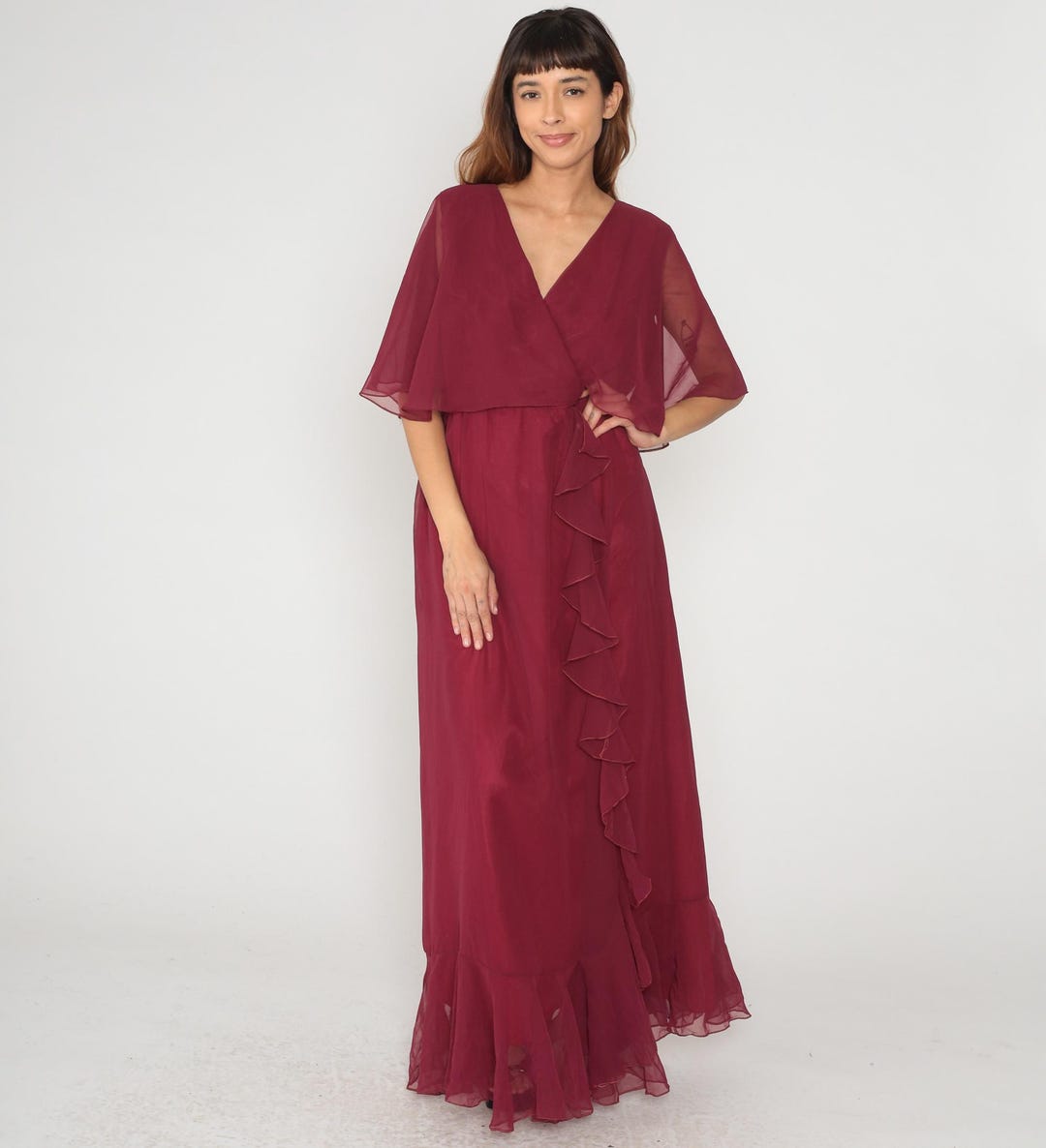 70s Burgundy Party Dress Wrap Front Cape Sleeve Flutter Ruffle Hem ...