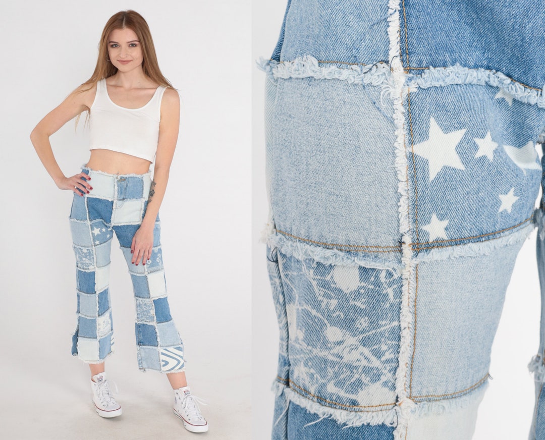 Y2K Patchwork Jeans Ankle Jeans Cropped Low Rise Waist Denim Pants Blue ...