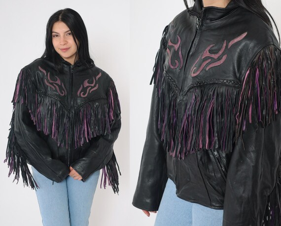 Vintage Black Leather Fringe Jacket 90s Flame Appliqué Vintage Black Leather Fringe Jacket 90s Flame Appliqué