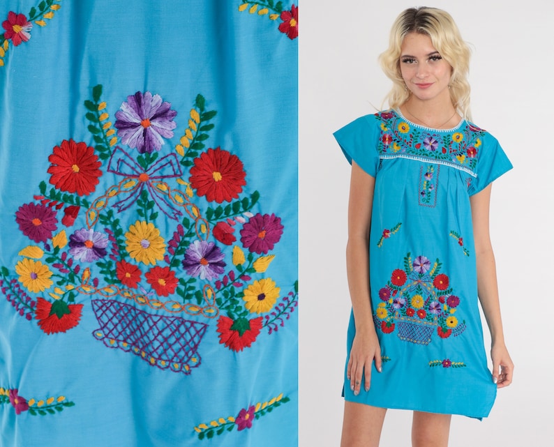 Blue Mexican Dress 90s Floral Embroidered Mini Dress Turquoise Flower ...